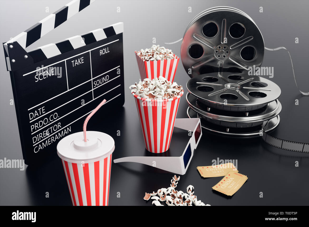 Cinema movie watching. Composition with 3d glasses, movie clapper, film ...