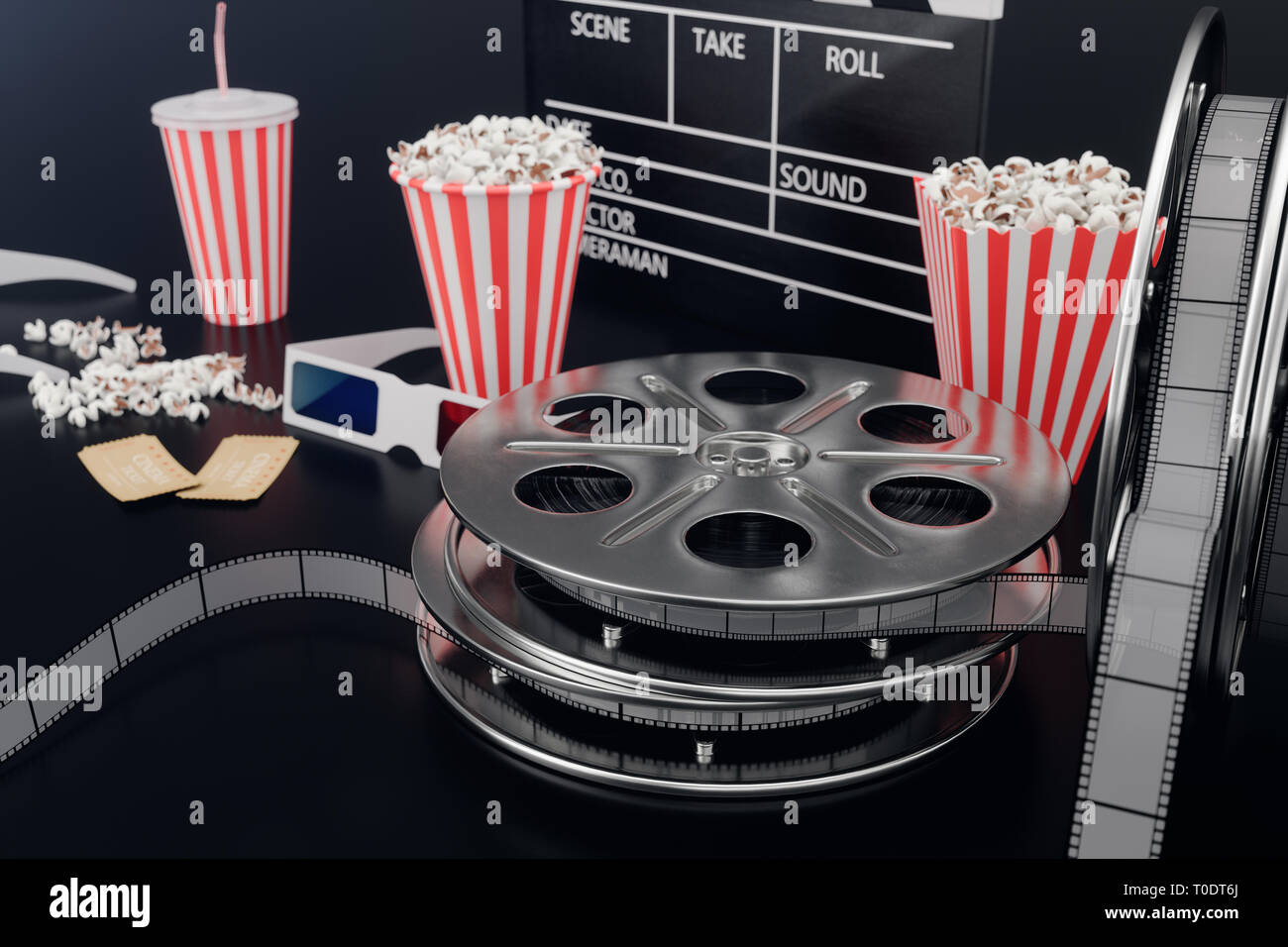 Cinema film concpet with popcorn, 3d glasses, filmstrip, clapperboard ...