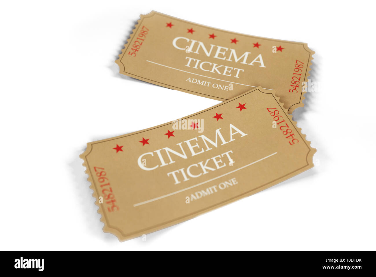 Two cinema tickets isolated on white background, top view, close-up. 3d ...