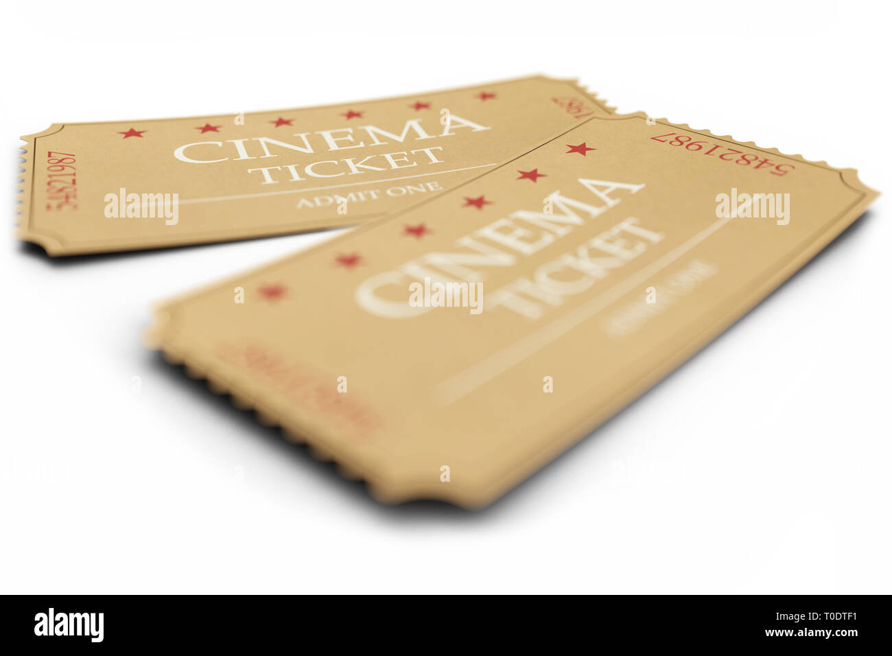 Two movie tickets isolated on white background, with depth of field ...