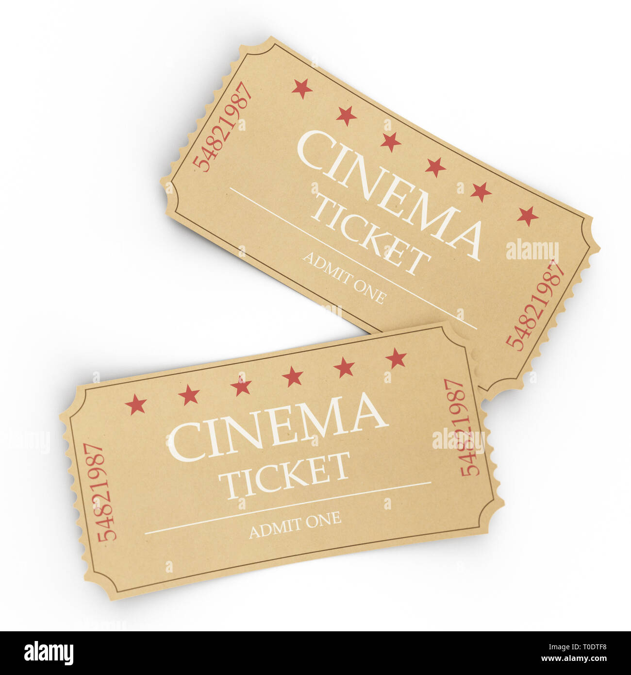 Two cinema tickets isolated on white background, top view, close-up. 3d ...