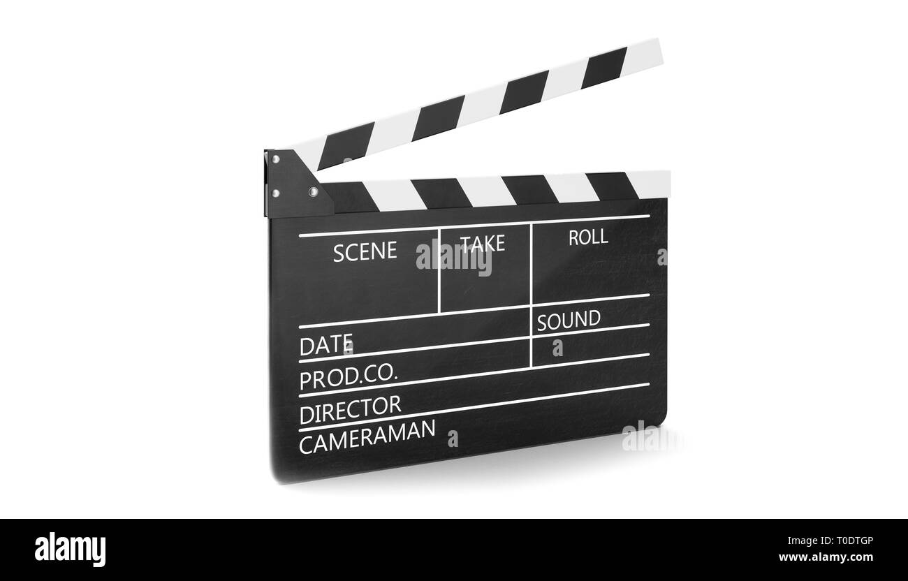 3d illustration of open movie clapper or clapperboard isolated on white ...