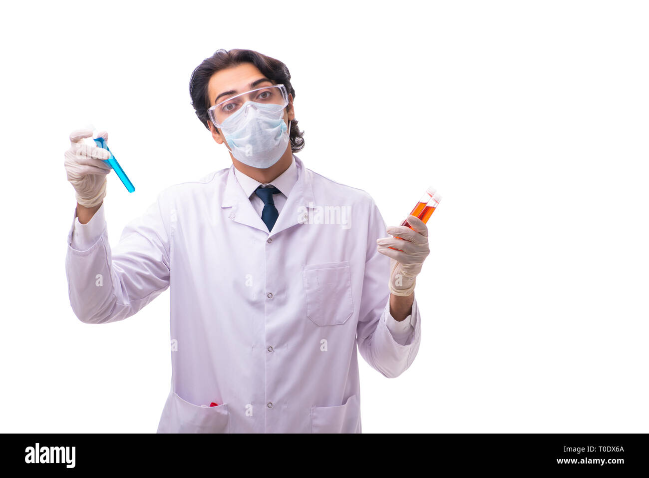Young chemist isolated on white background Stock Photo - Alamy