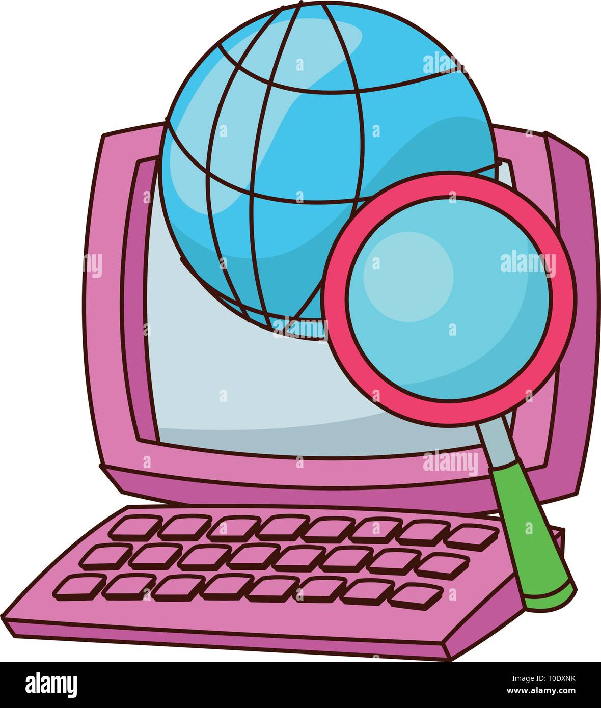 desk computer with magnifying glass and global sphere Stock Vector ...