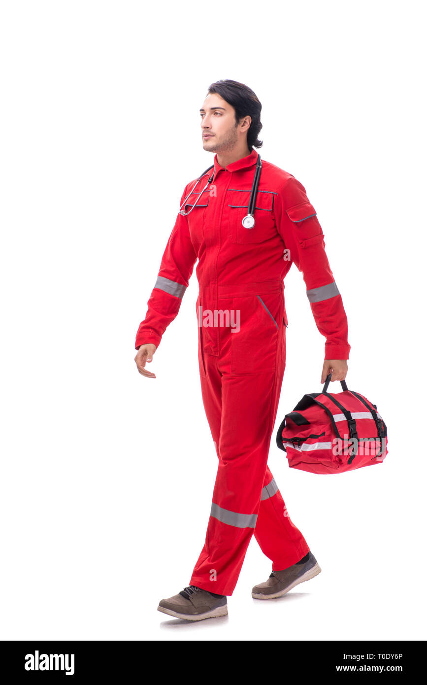 Young paramedic in red uniform isolated on white Stock Photo - Alamy