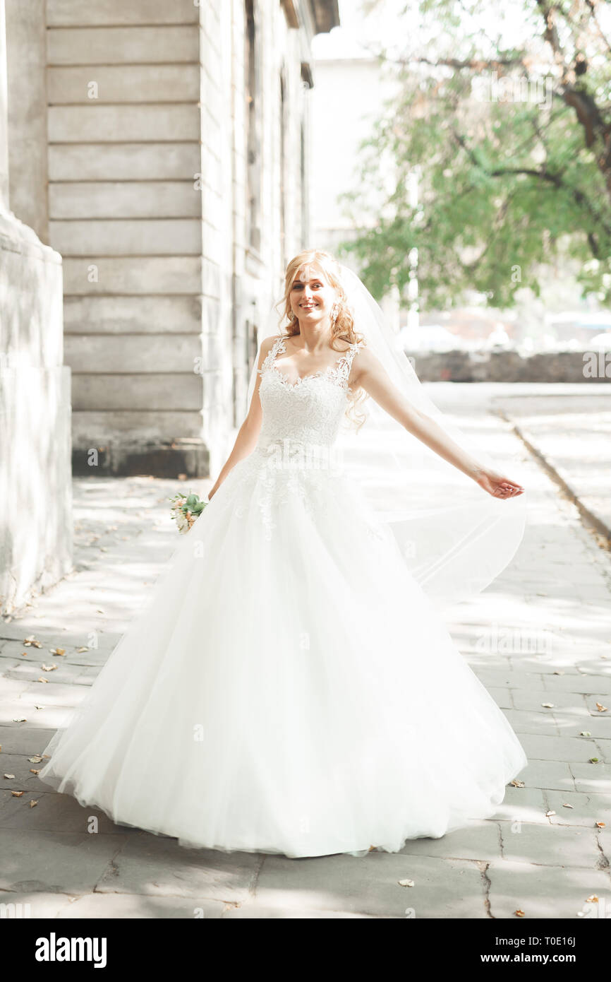Beautiful bride spinning with perfect dress in the park Stock Photo - Alamy