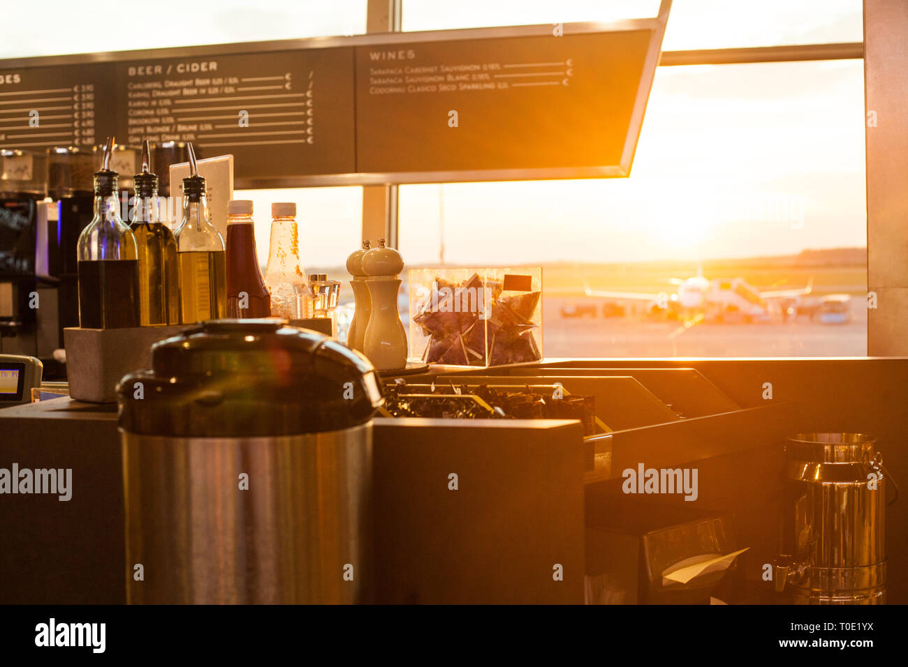 International aerport airport cafe with panoramic window view Stock ...