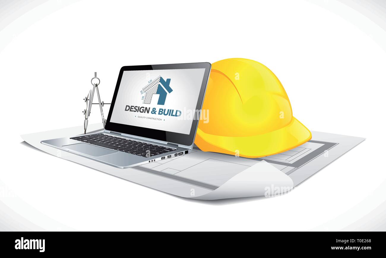 Design and build - house construction concept - architect computer ...