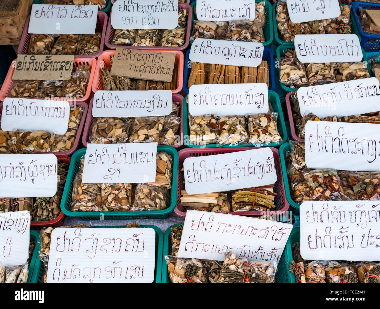Display of herbal medicine remedy packets displayed for sale at market ...