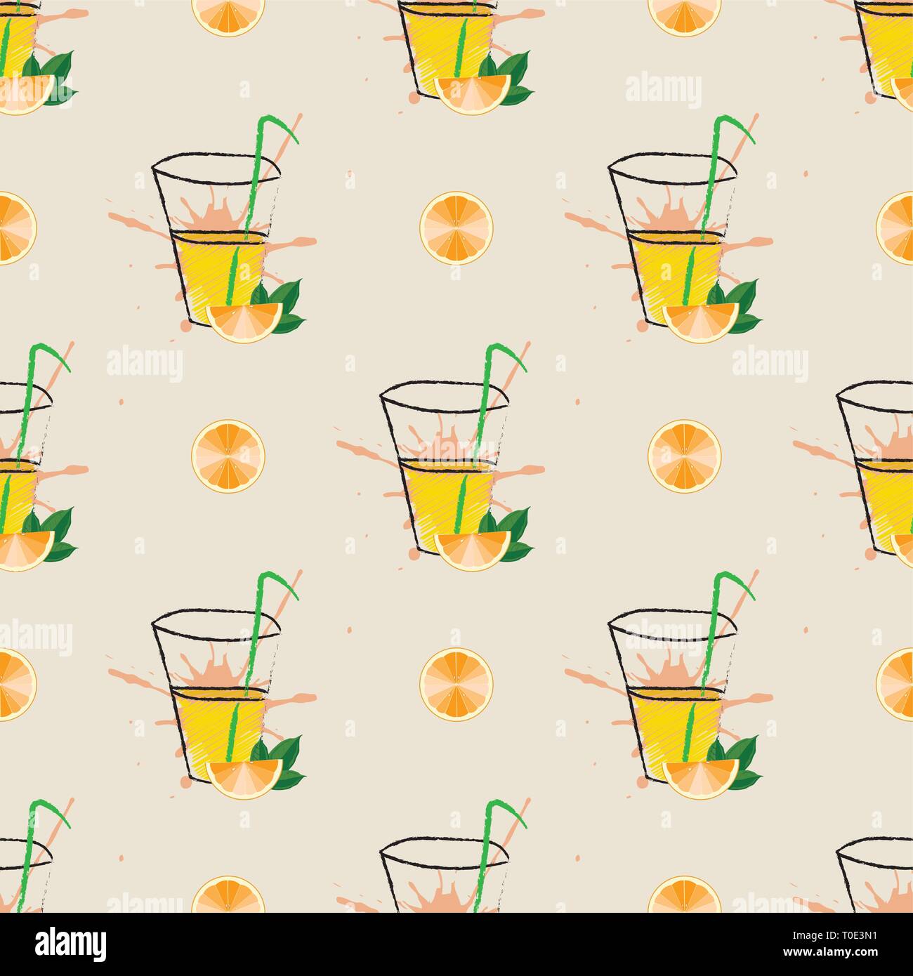Seamless pattern Fresh orange juice in a glass. Citrus natural fruit ...