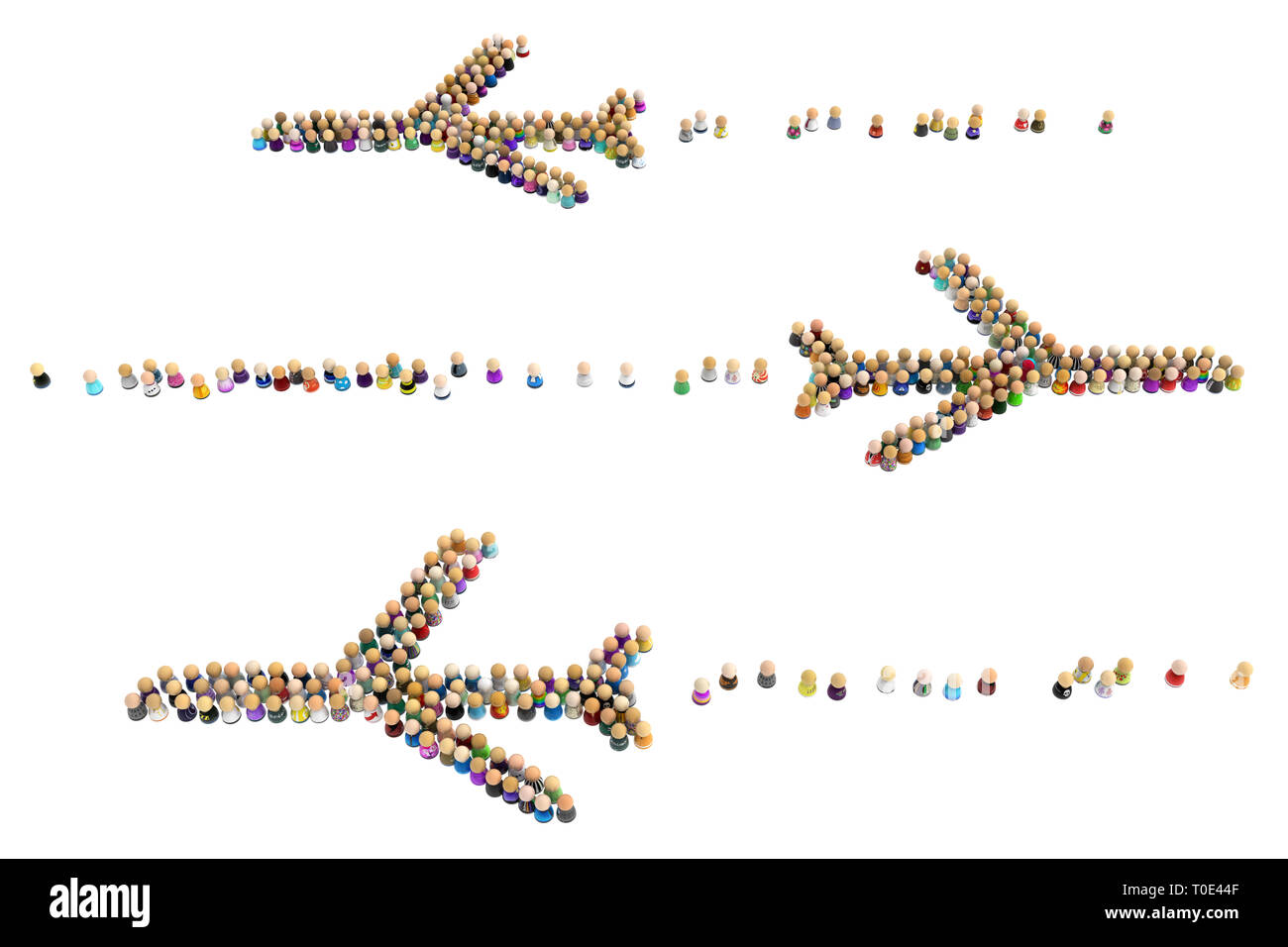 Crowd of small symbolic figures forming airplanes shape, 3d ...