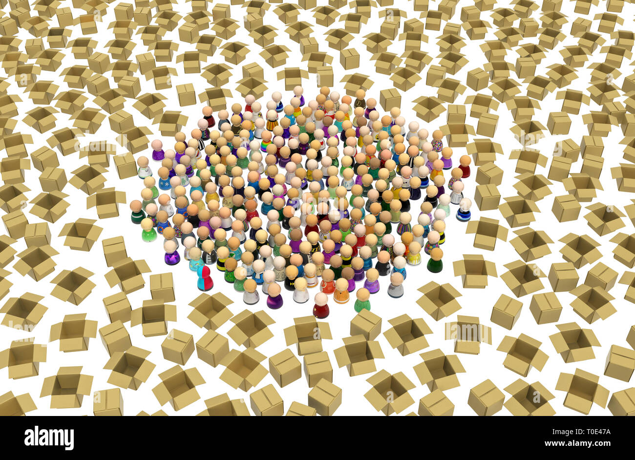 Crowd of small symbolic figures, cardboard boxes surrounding, 3d ...