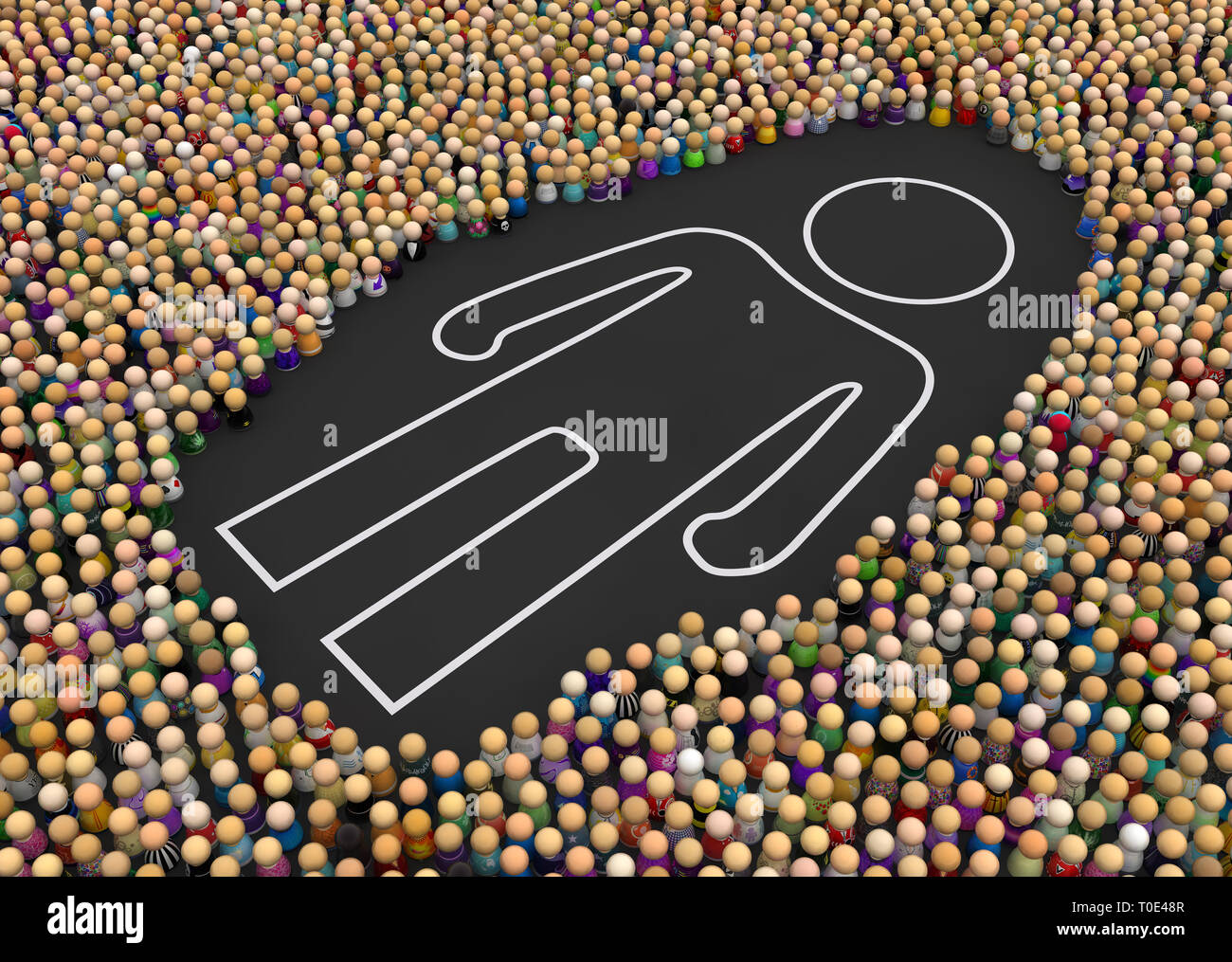 Crowd of small symbolic figures, surrounding big chalk outline, 3d ...