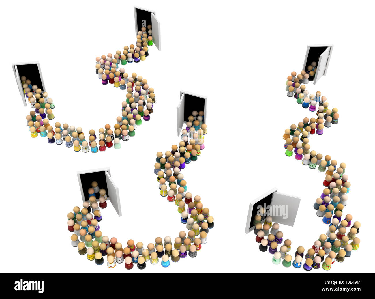 Crowd of small symbolic figures, open doors connect paths, 3d ...