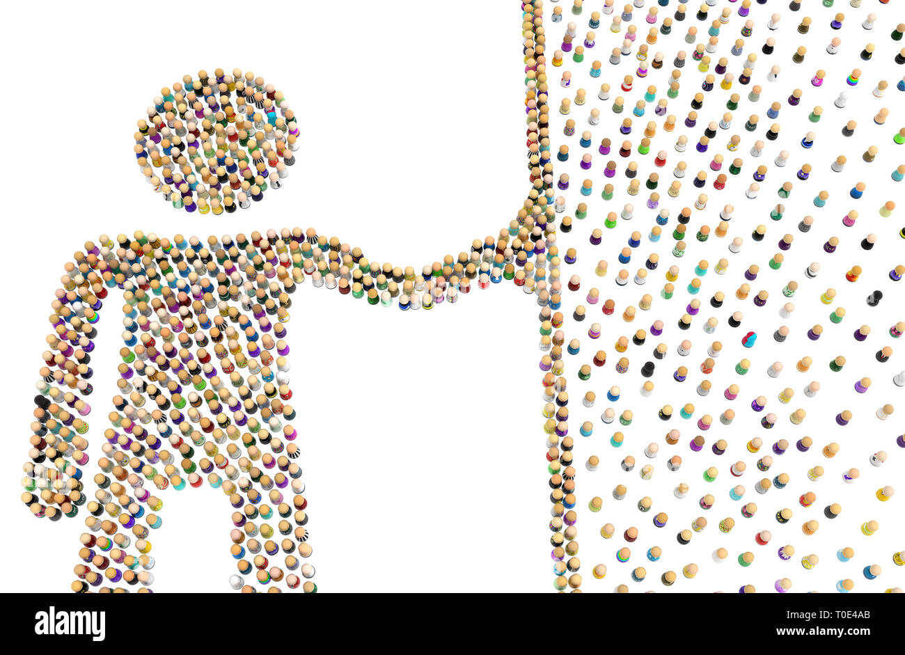 Crowd of small symbolic figures forming big person shape holding back ...