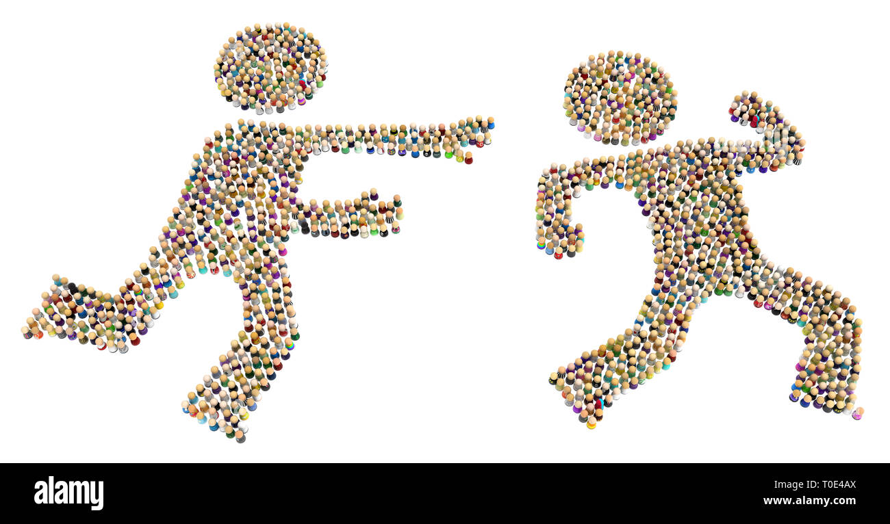 Crowd of small symbolic figures forming big person shapes chase, 3d ...