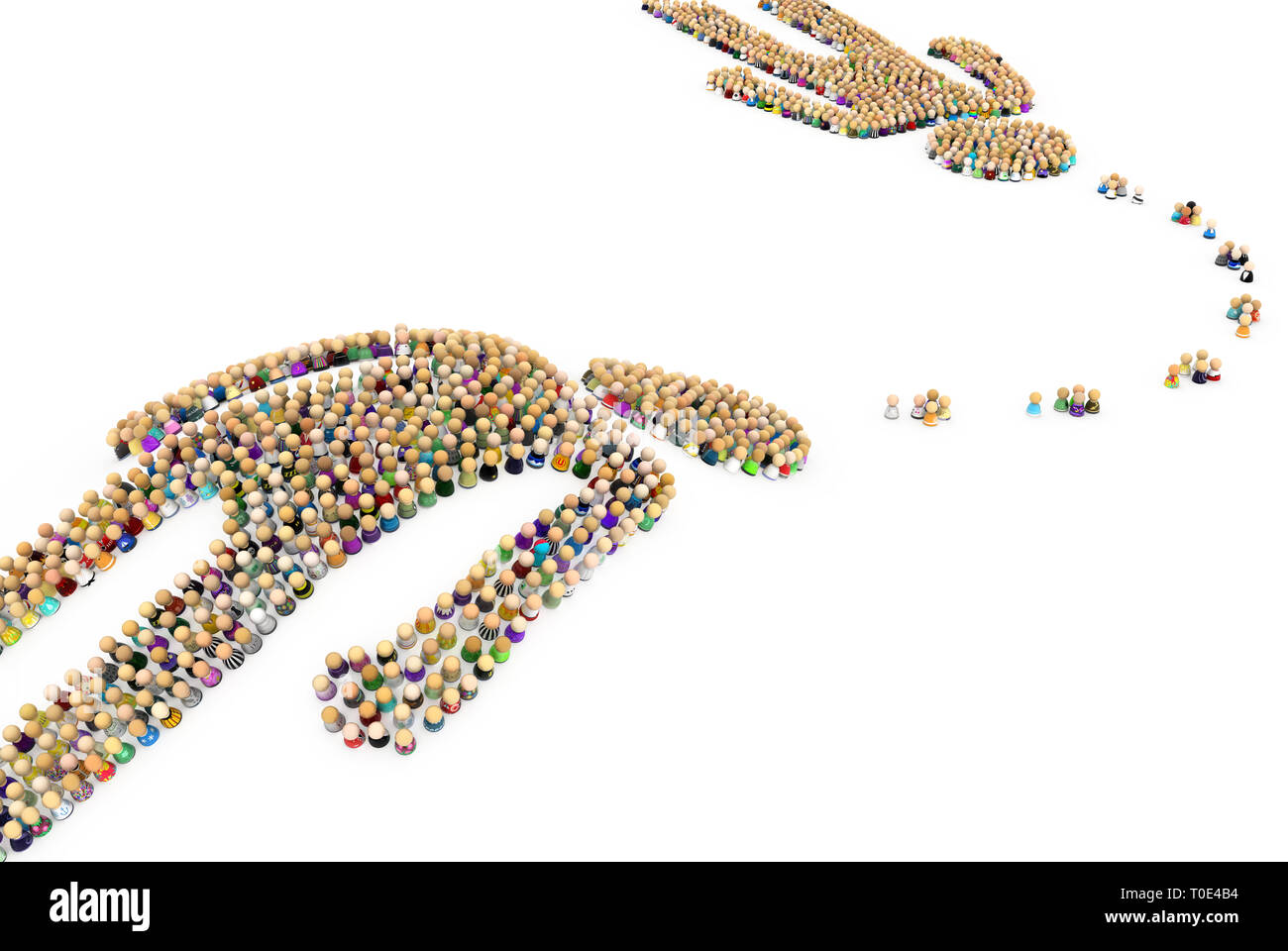 Crowd of small symbolic figures forming big person shape curve bent, 3d ...