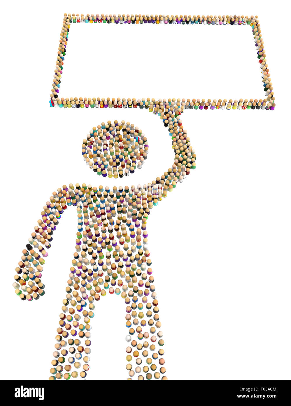 Crowd of small symbolic figures forming big person shape holding frame ...