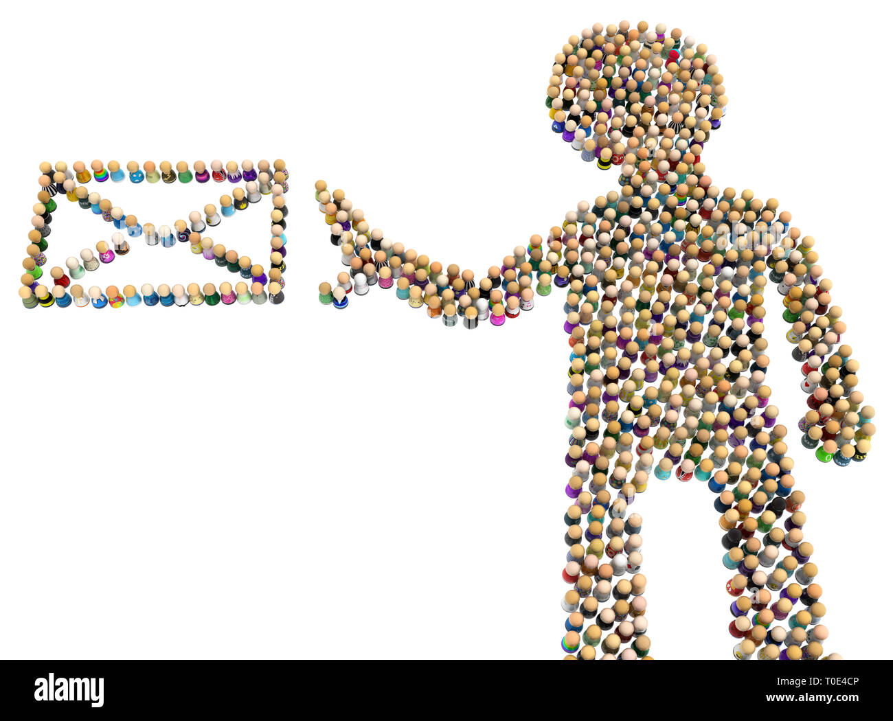 Crowd of small symbolic figures forming big person shape getting mail ...