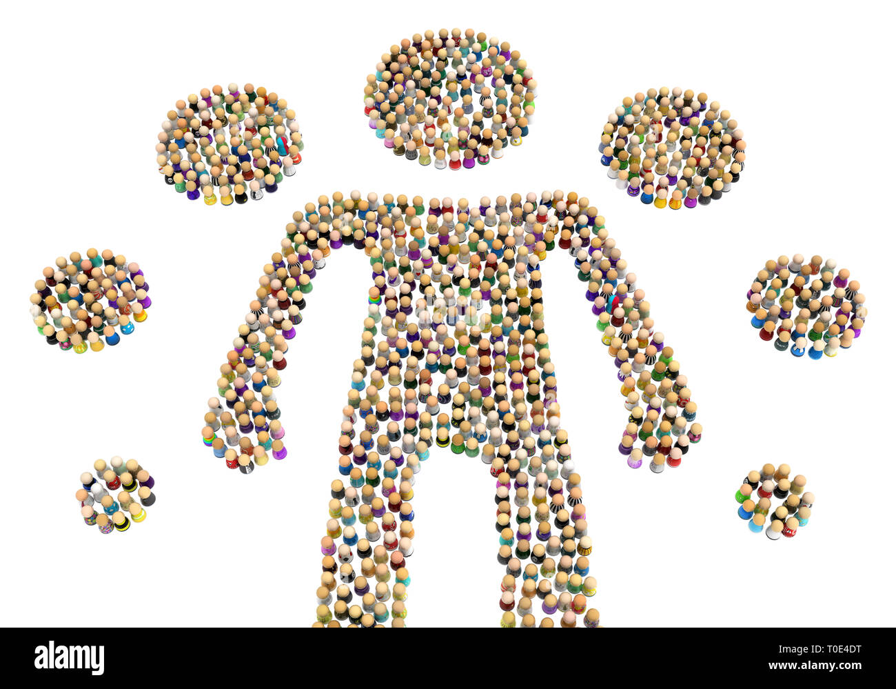 Crowd of small symbolic figures forming big person shape many heads ...