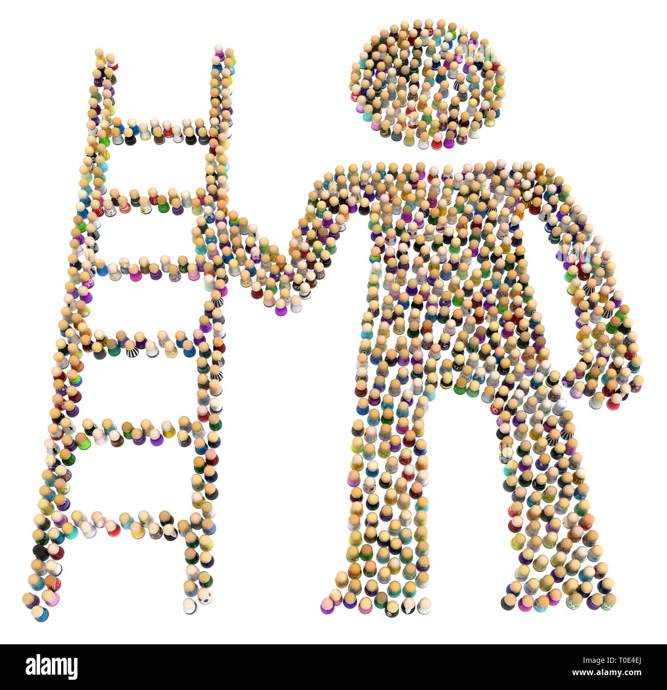 Crowd of small symbolic figures forming big person shape with ladder ...
