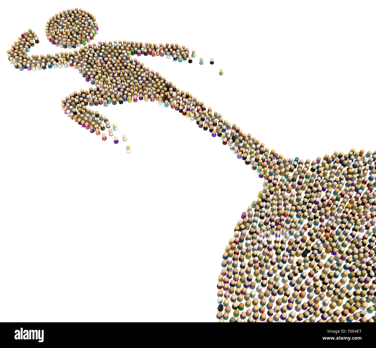 Crowd of small symbolic figures forming big person shape leap free, 3d ...