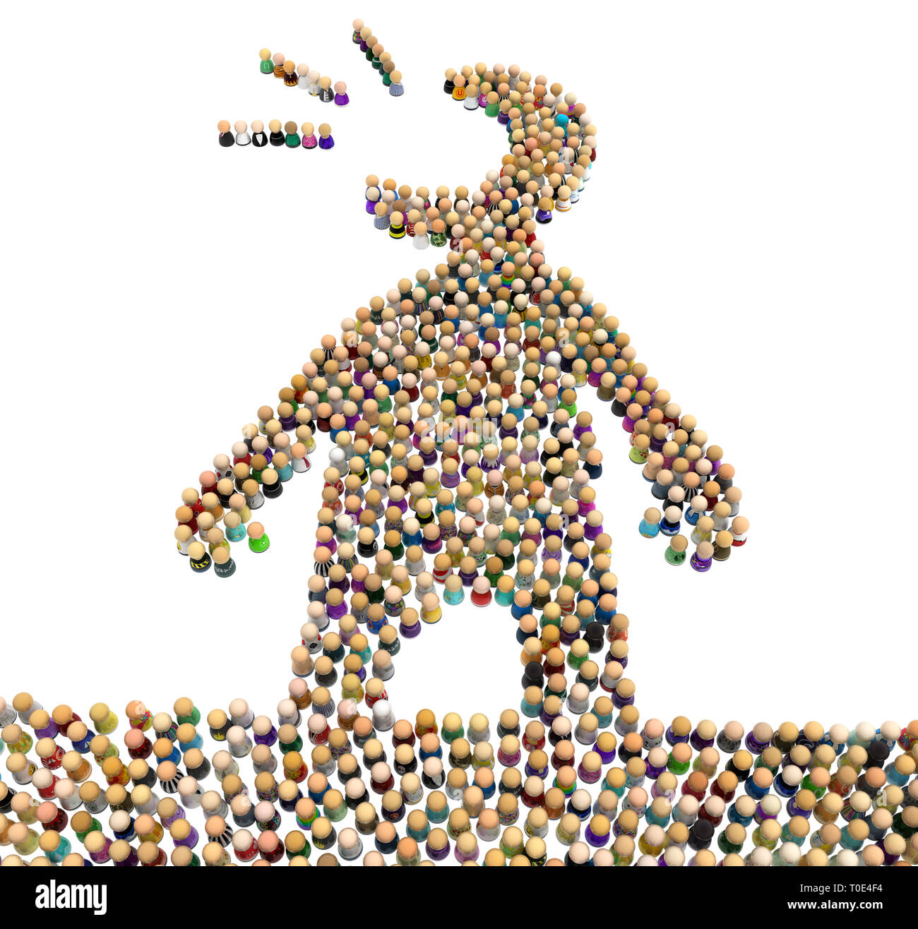 Crowd of small symbolic figures forming big person shape shouting, 3d ...