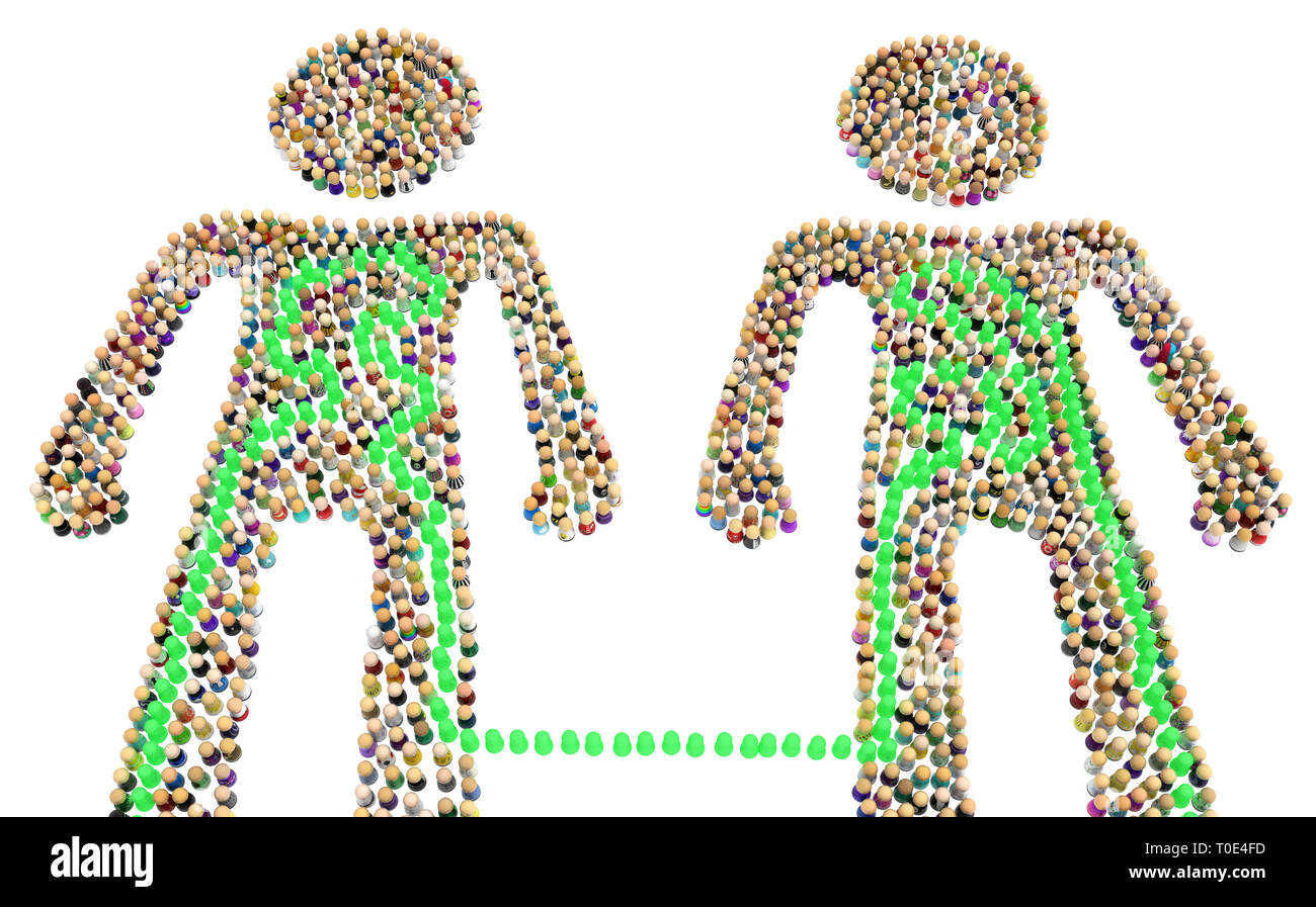 Crowd of small symbolic figures forming big person shapes path green ...