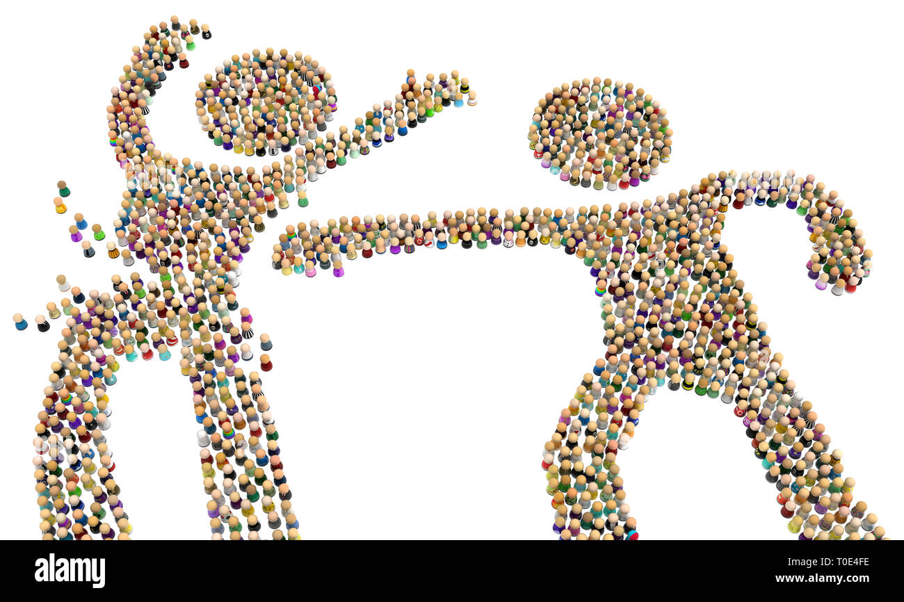 Crowd of small symbolic figures forming big person shapes punching, 3d ...