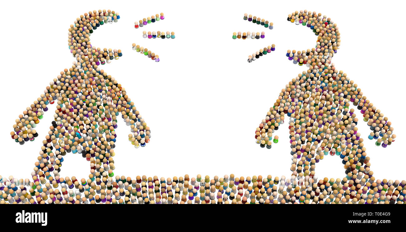 Crowd of small symbolic figures forming big person shapes arguing, 3d ...