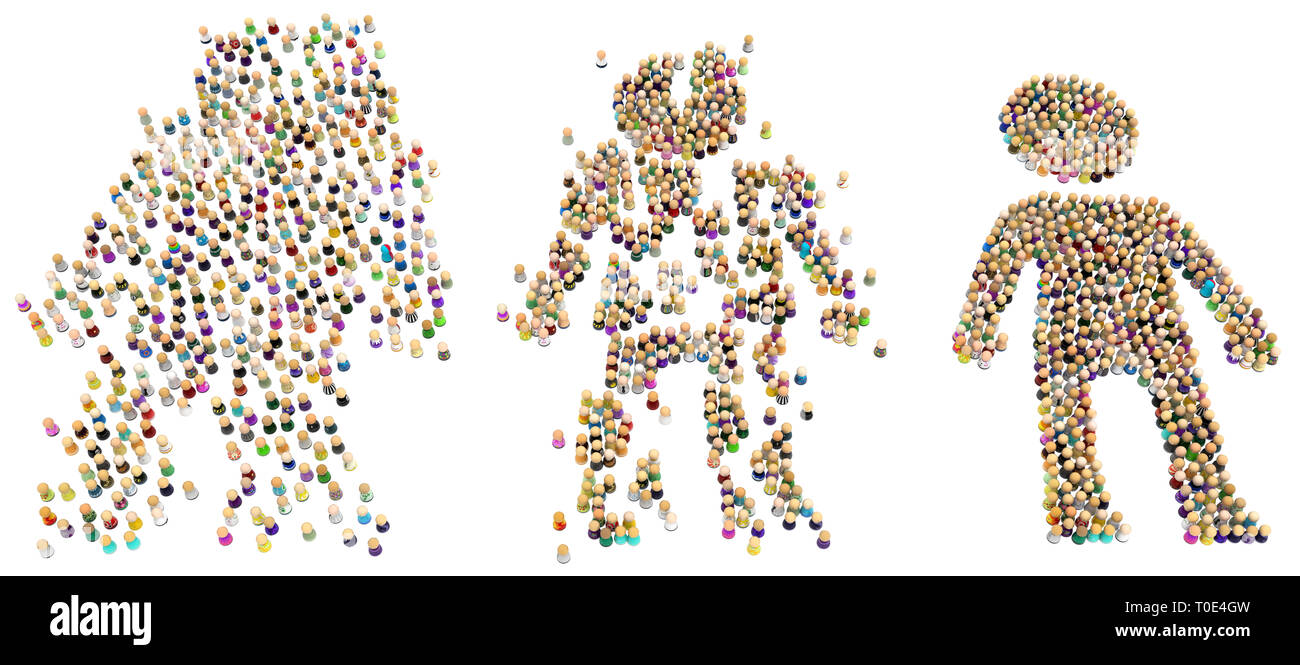 Crowd of small symbolic figures forming big person shape dissolving ...