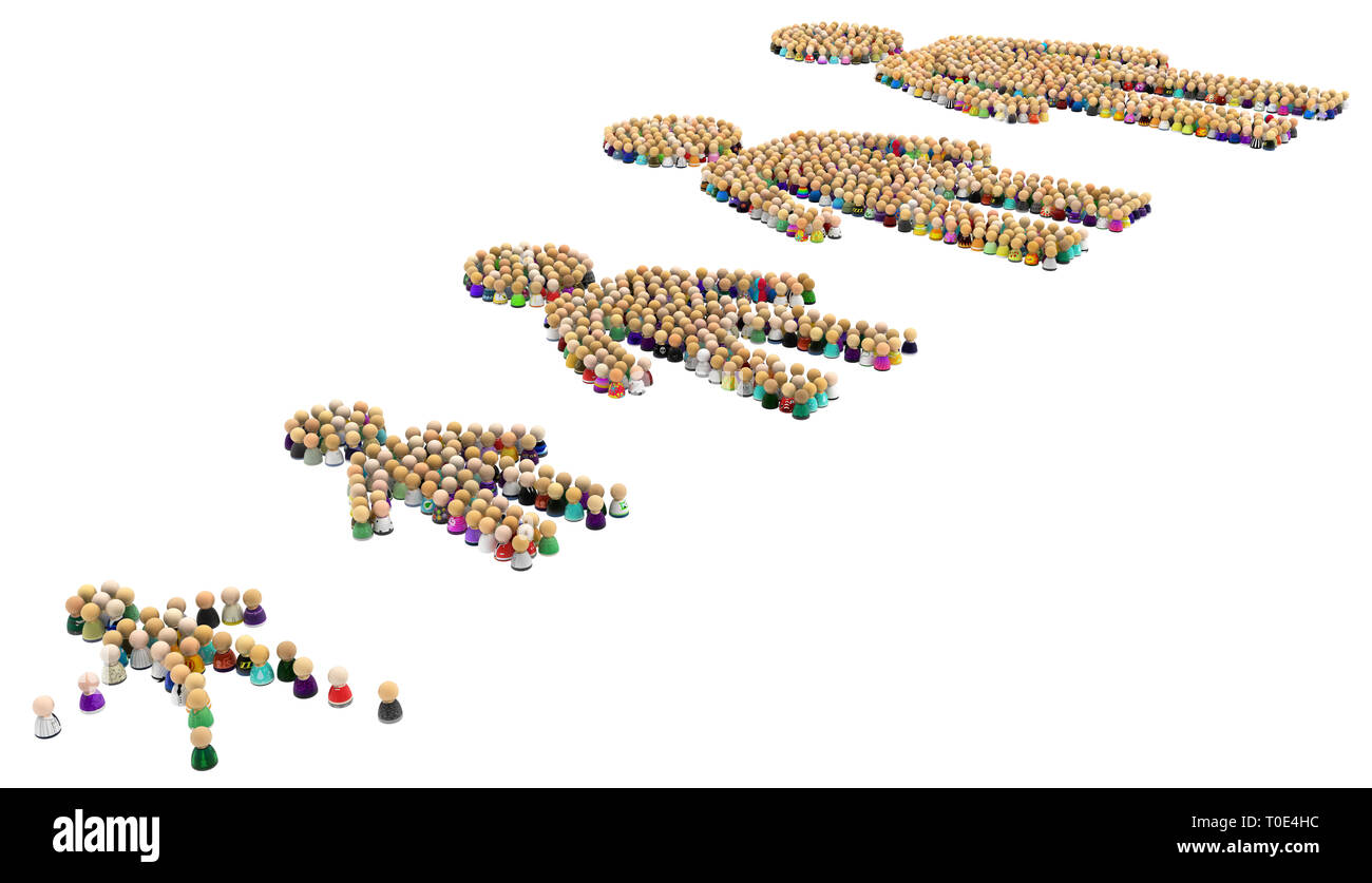 Crowd of small symbolic figures forming big person shapes different ...