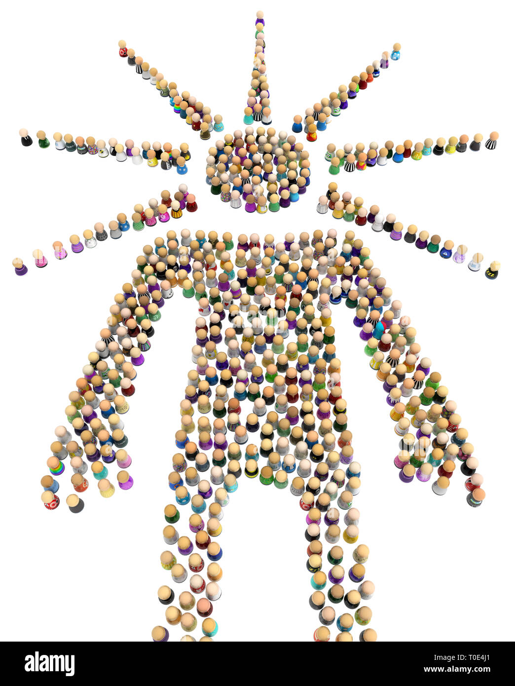 Crowd of small symbolic figures forming big person shape sun head, 3d ...