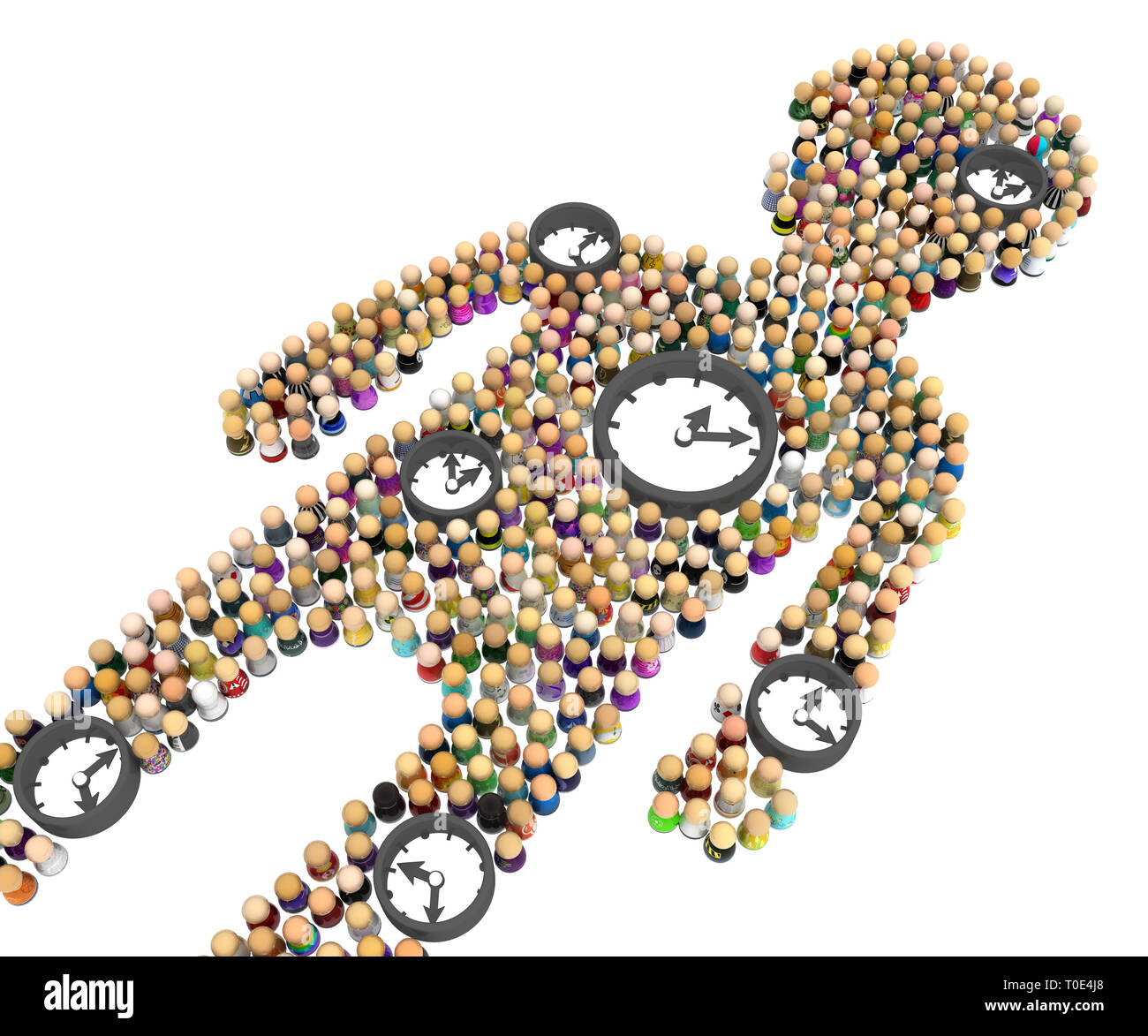 Crowd of small symbolic figures forming big person shape with timers ...