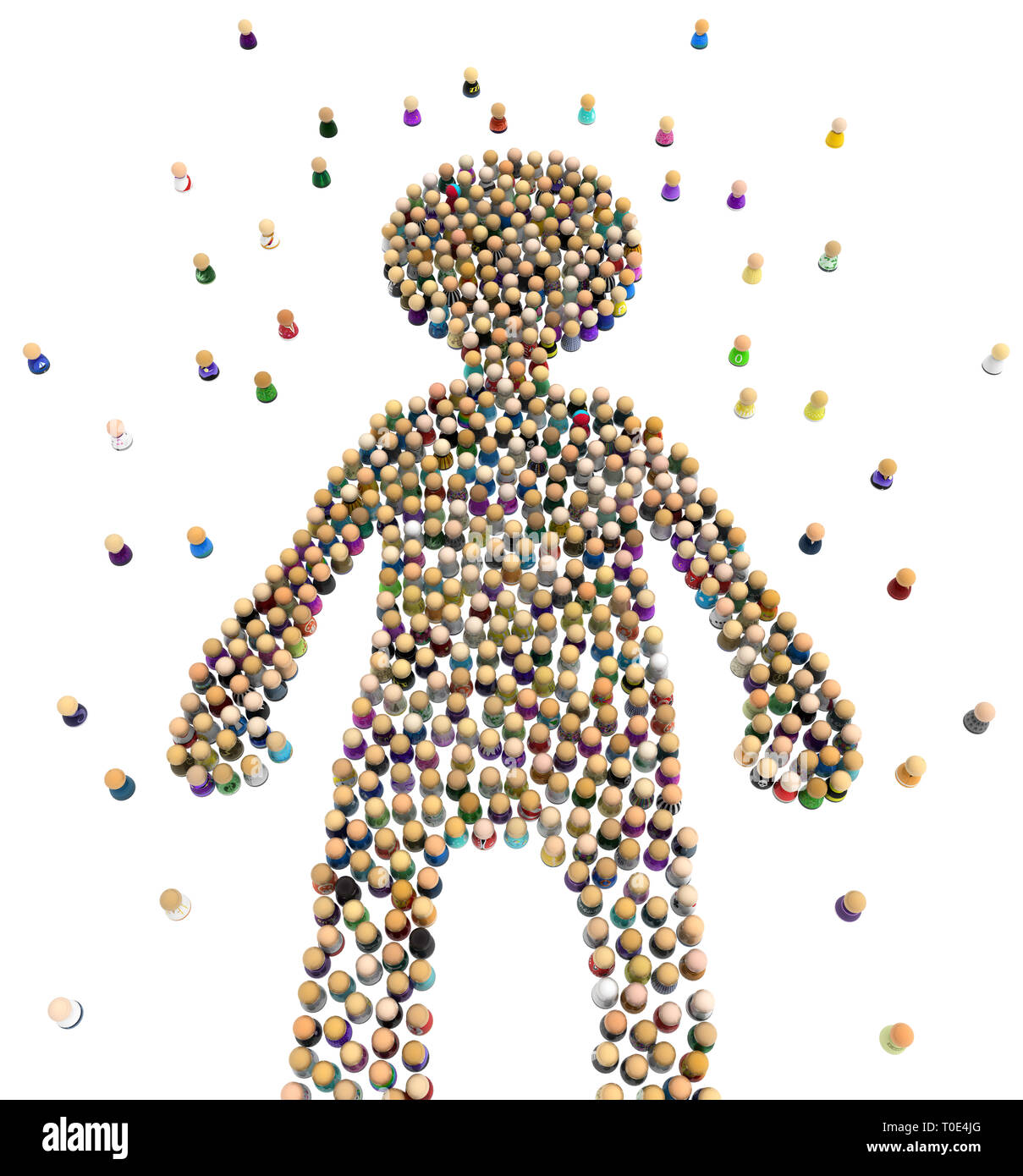 Crowd of small symbolic figures forming big person shape unattached ...