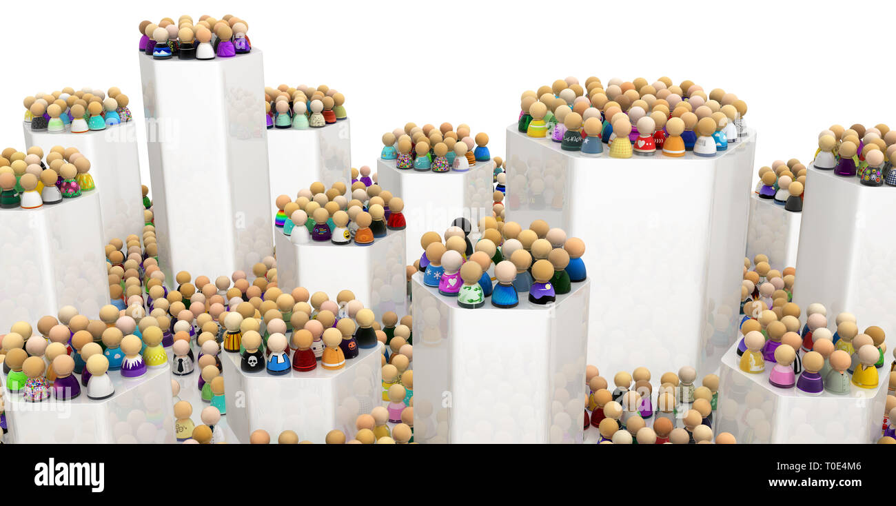 Crowd of small symbolic figures, hexagon platform levels, 3d ...