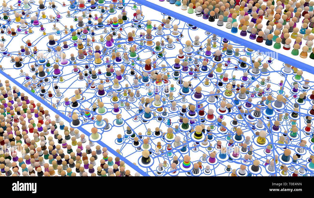 Crowd of small symbolic 3d figures linked by lines, complex layered ...
