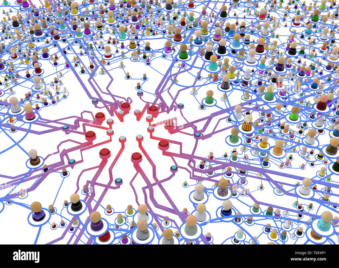 Crowd of small symbolic 3d figures linked by lines, complex layered ...