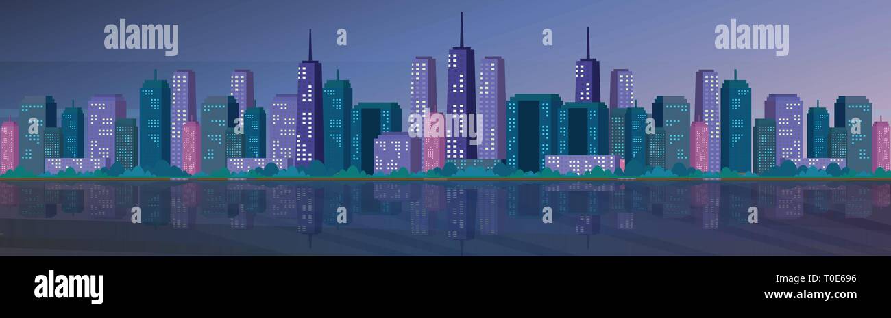 beautiful river night city panorama high skyscrapers cityscape ...