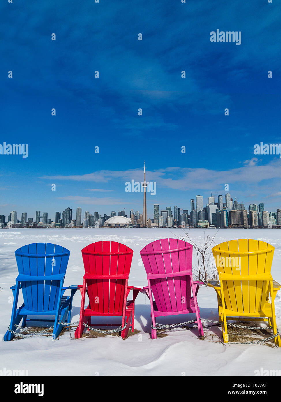 View of Toronto city skyline seen form Toronto Islands with colourful ...