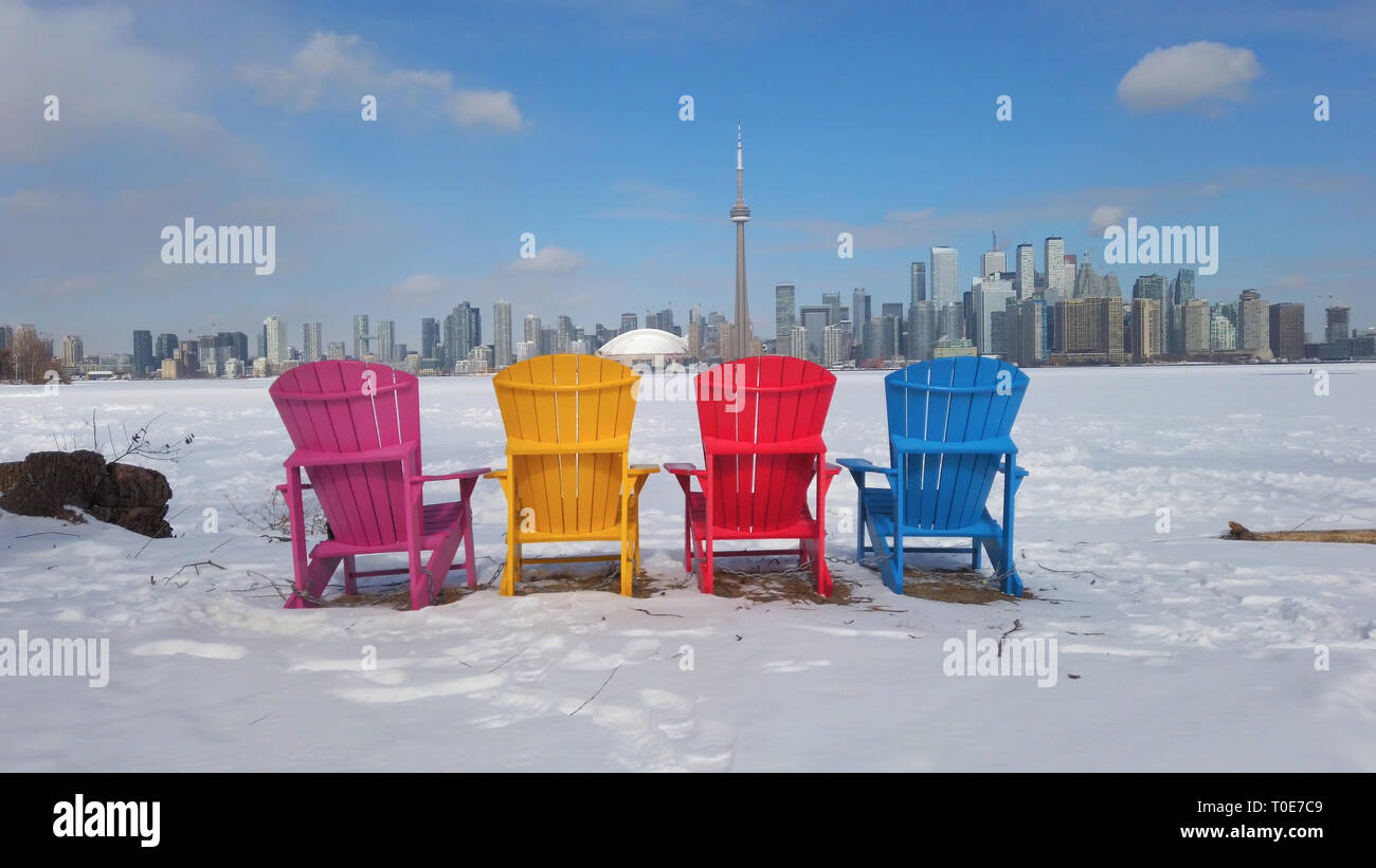 View of Toronto city skyline seen form Toronto Islands with colourful ...