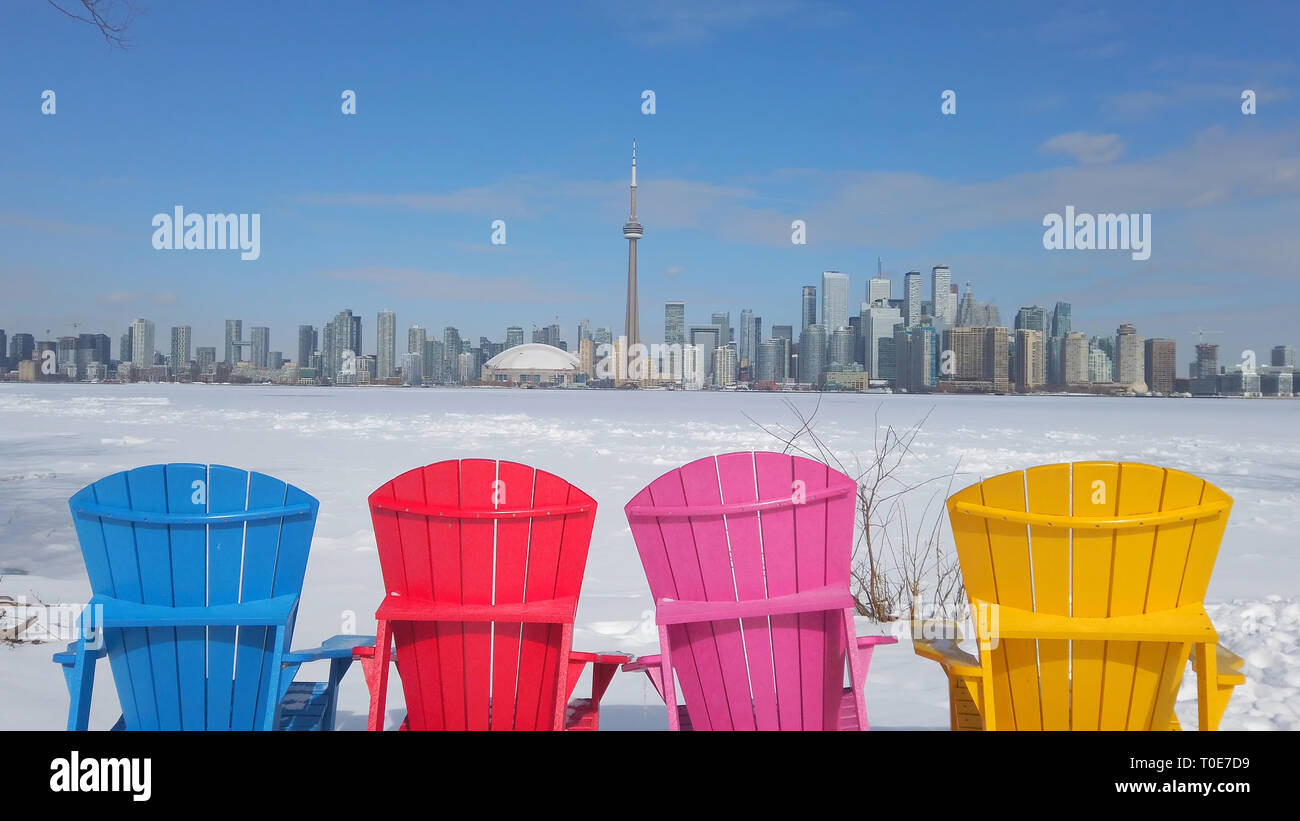 View of Toronto city skyline seen form Toronto Islands with colourful ...