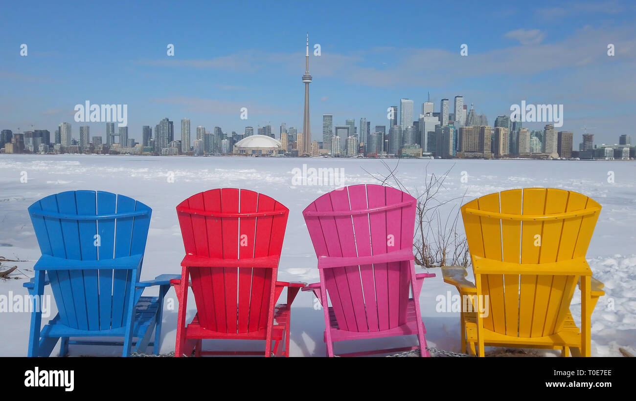 View of Toronto city skyline seen form Toronto Islands with colourful ...