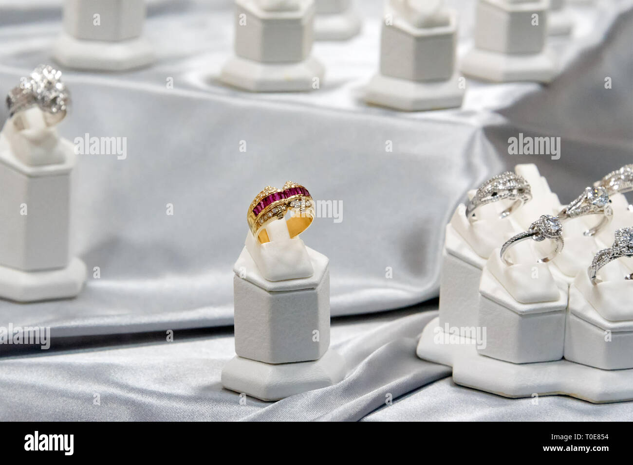 Jewelry diamond rings show in luxury retail store window display ...