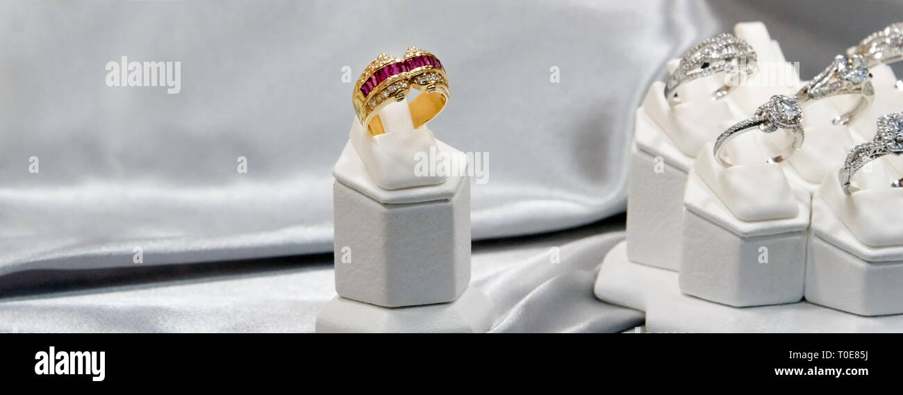 Jewelry diamond rings show in luxury retail store window display ...