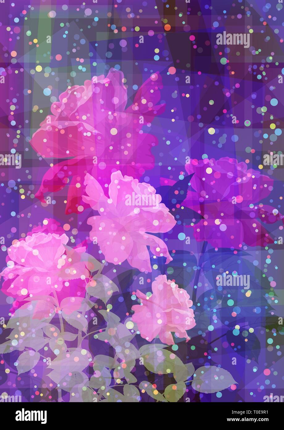 Pink Rose Flowers and Abstract Geometric Pattern, Holiday Background ...