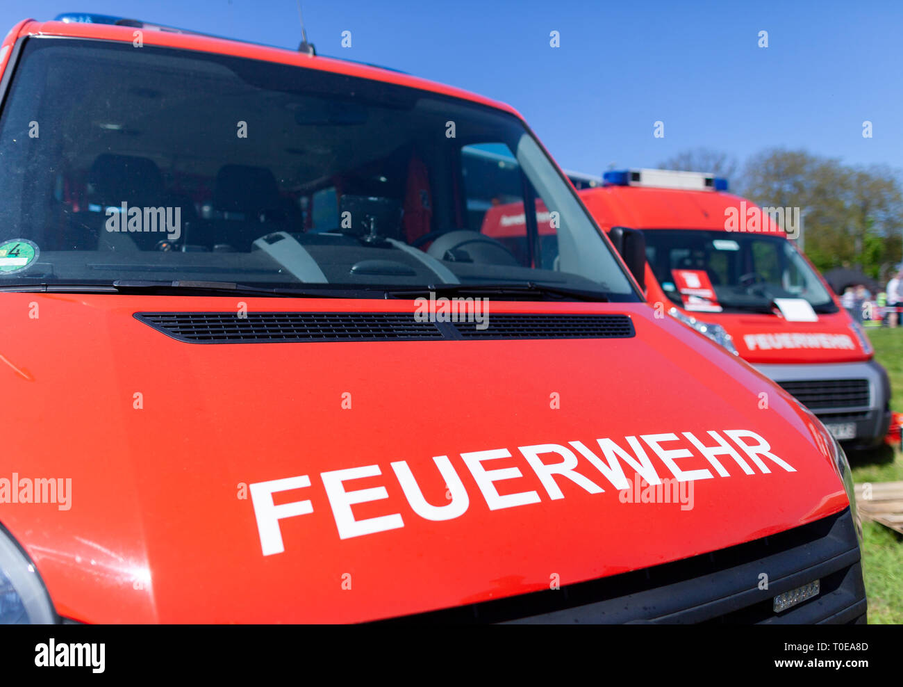 German fire engine stands on a deployment site. The german word ...