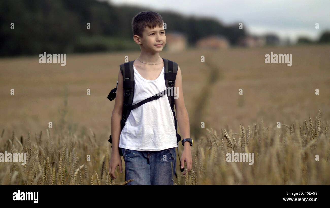 happy boy traveler with a backpack walks on a wheat field in the ...