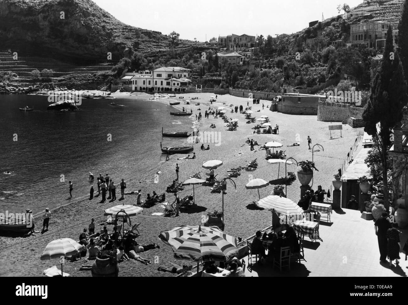 Italy, Sicily, Taormina, mazzarò beach, 1950 Stock Photo - Alamy