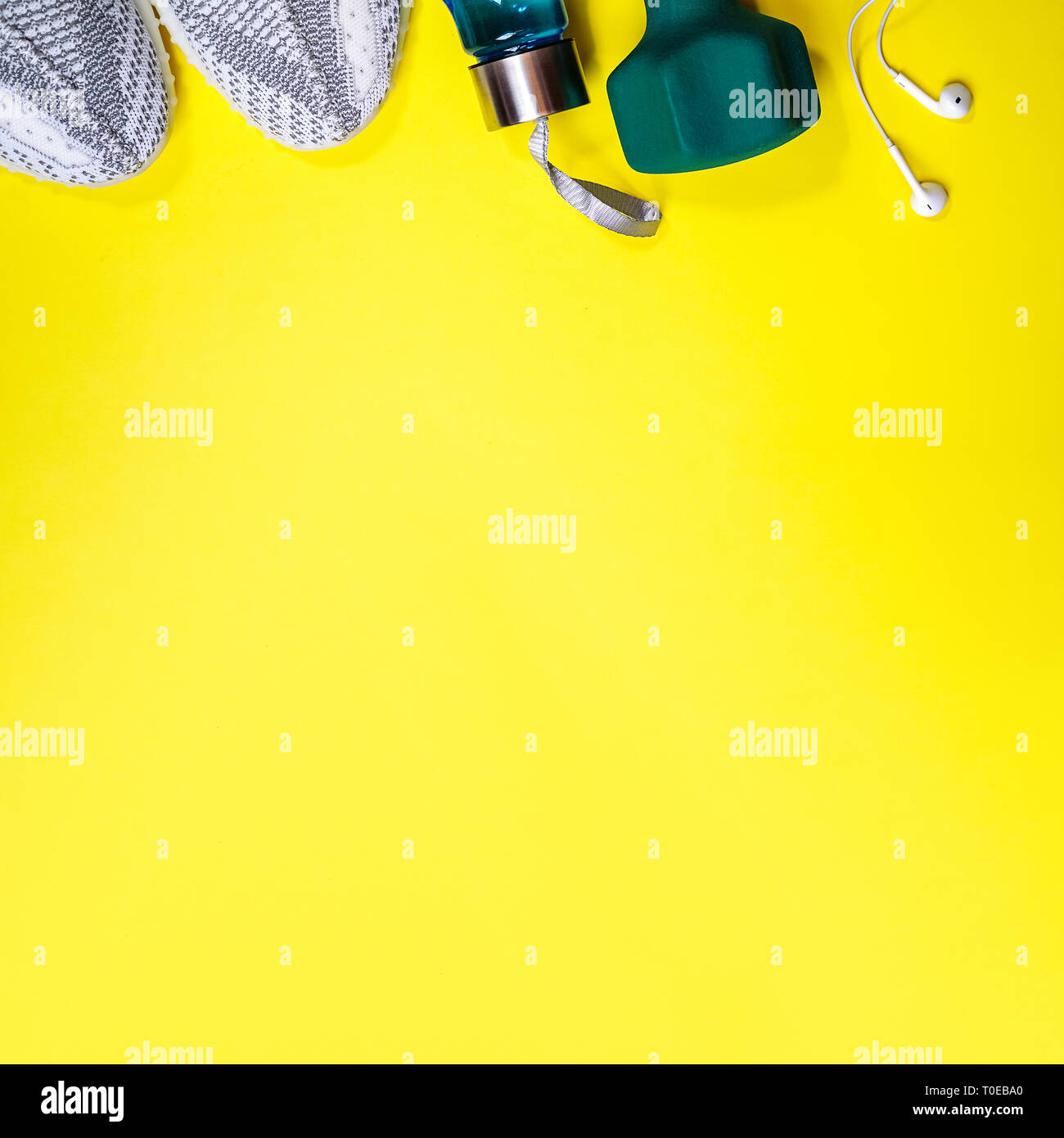 Flat lay to composition with fitness equipment and space for text on ...